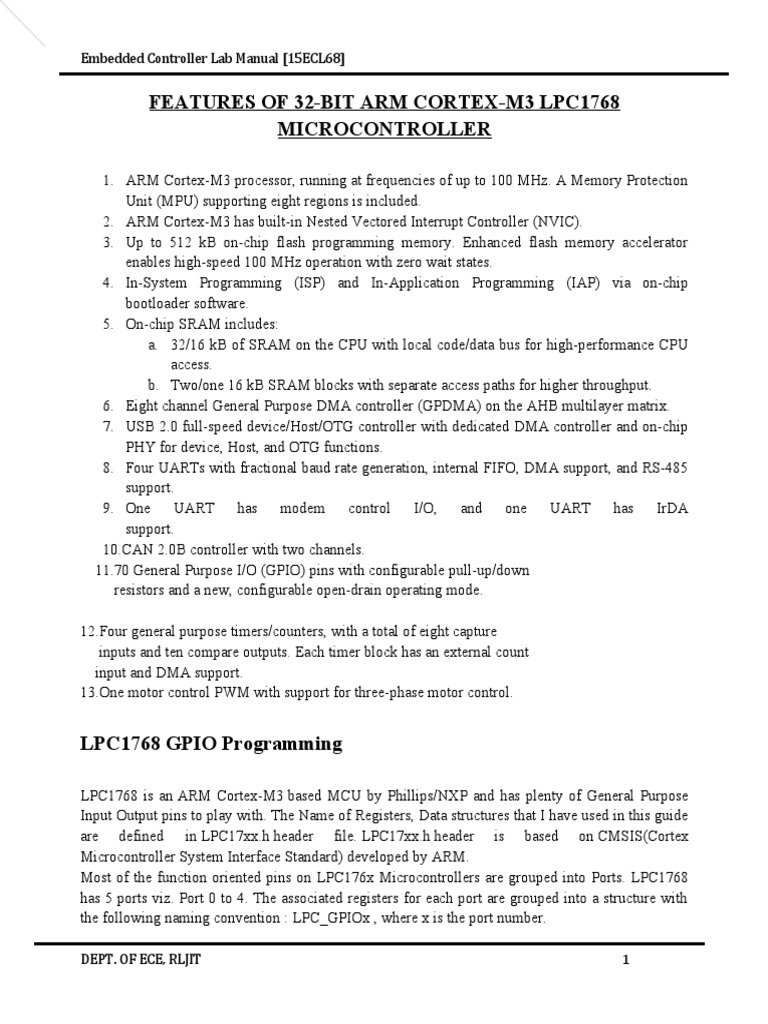 Features of 32-Bit Arm Cortex-M3 Lpc1768 Microcontroller: Embedded Controller Lab Manual ...