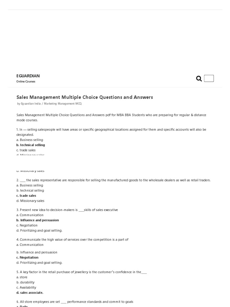 Sales Management Multiple Choice Questions and Answers PDF | PDF ...