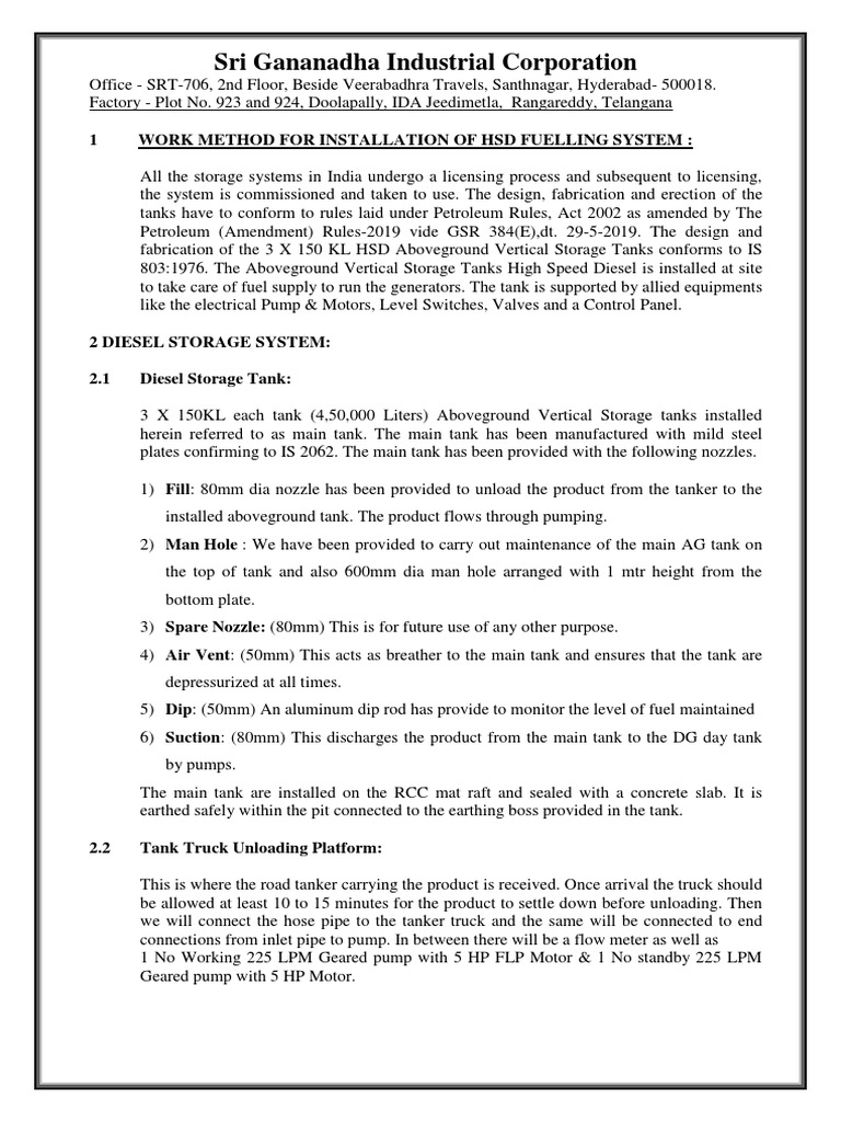 Work Method For Installation of HSD Fuelling System | PDF | Pump | Valve