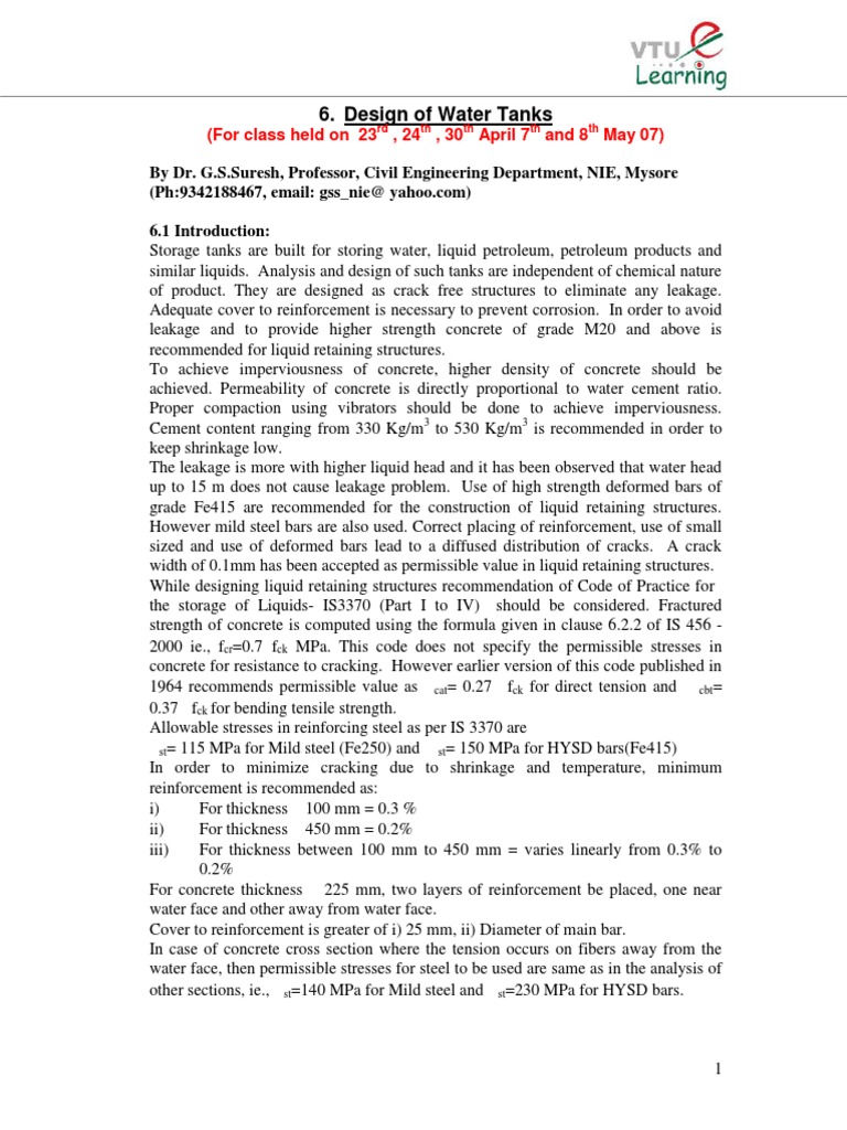 Design of Water Tanks: by Dr. G.S.Suresh, Professor, Civil Engineering ...