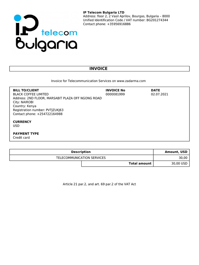 Invoice: IP Telecom Bulgaria LTD | PDF