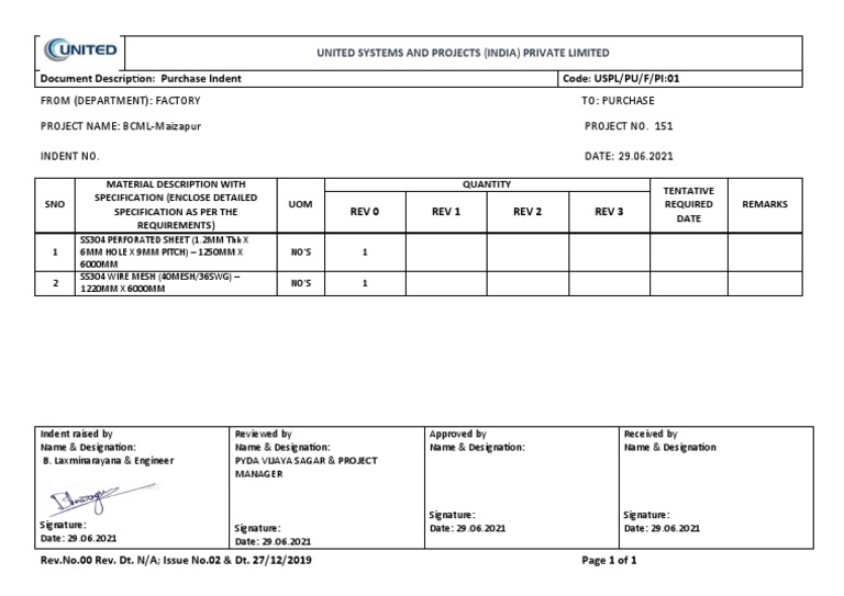 Document Description: Purchase Indent Code: USPL/PU/F/PI:01 | PDF
