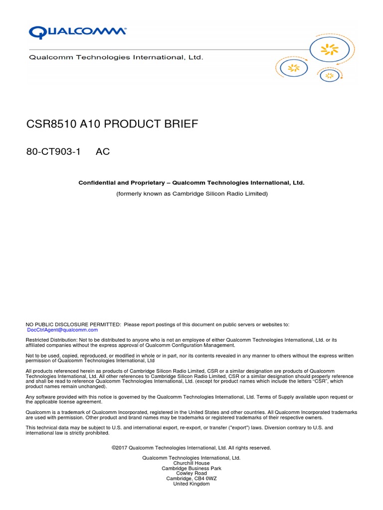 Csr8510 A10 Product Brief: 80-CT903-1 AC | PDF | Bluetooth | Usb