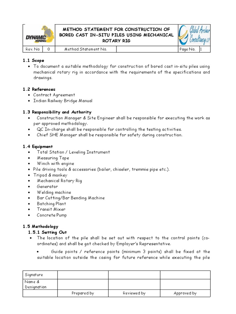 Method Statement For Pile Boring With Mechanical Rig | PDF | Deep ...