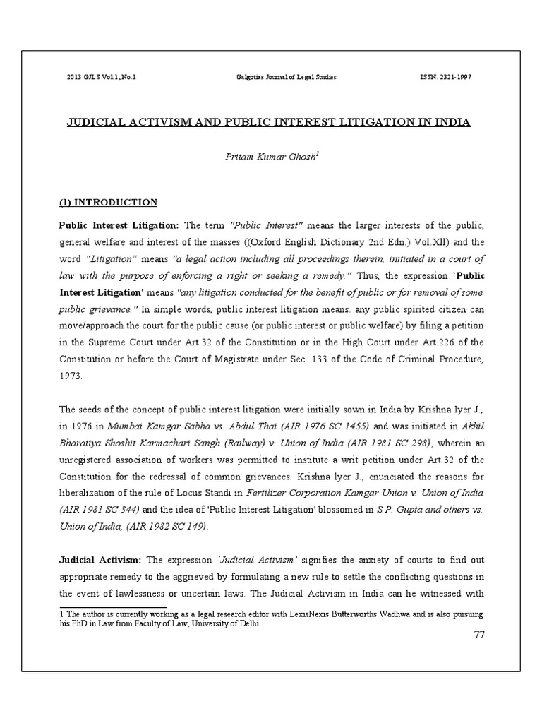 Judicial Activism and Public Interest Litigation in India | Download Free PDF | Equity (Law ...