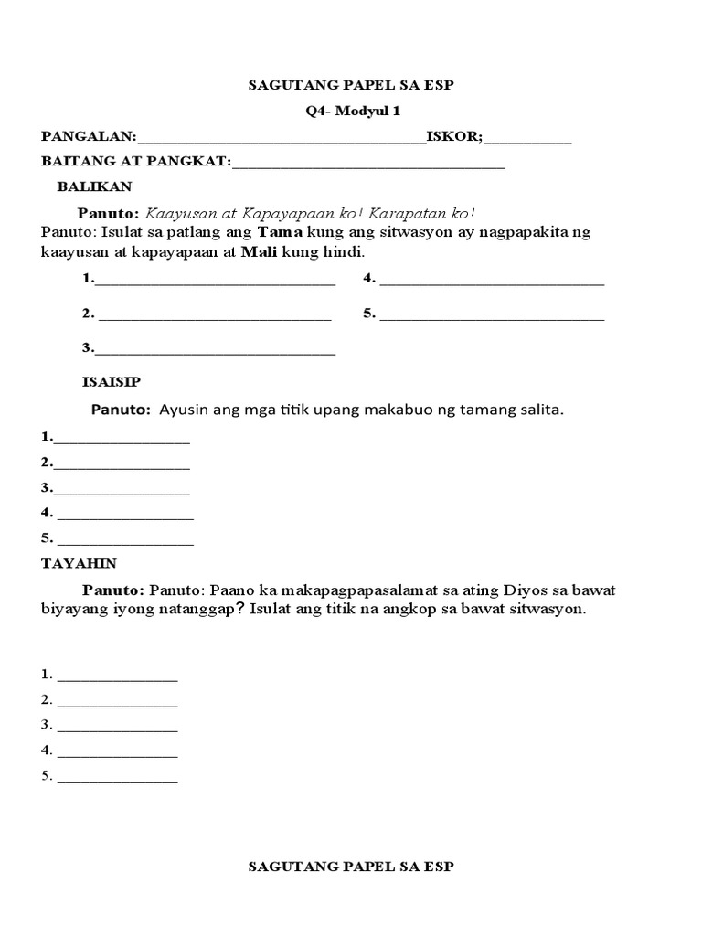 Answer Sheet in Ap3 4 English 3 4 Esp 1 2 - Q4 1 | PDF