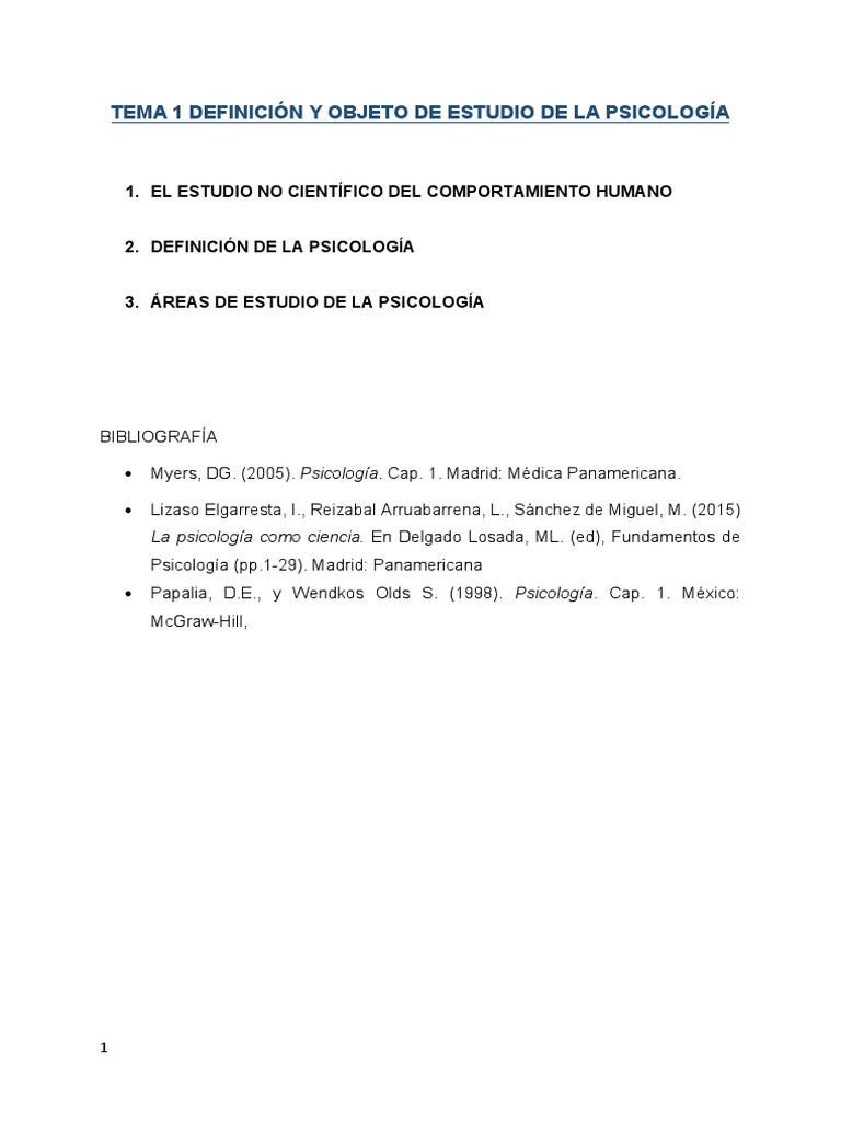 TEMA 1 DEFINICIÓN Y OBJETO DE ESTUDIO DE LA PSICOLOGÍA Final | PDF | Mente | Sicología