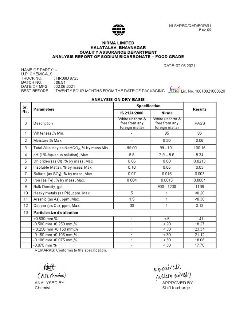 CoA of Sodium Bicarbonate Food Grade | PDF | Metallic Elements ...