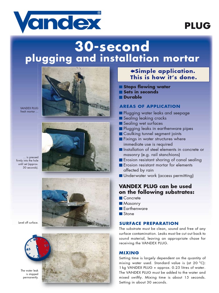 30-Second: Plugging and Installation Mortar | PDF | Masonry | Water