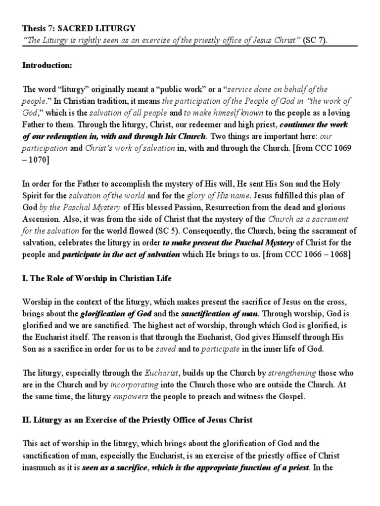 Thesis 7: Sacred Liturgy: of Our Redemption In, With and Through His ...