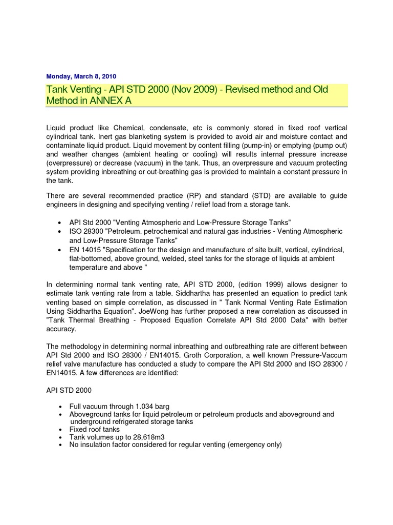 Tank Venting API STD 2000 Nov 2009 Revis | PDF | Chemical Engineering ...