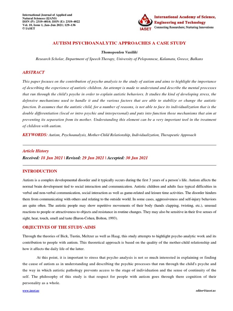 Autism Psychoanalytic Approaches A Case Study: Thomopoulou Vasiliki ...