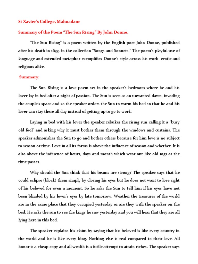 Summary of The Sun Rising | PDF | Poems | Poetic Form