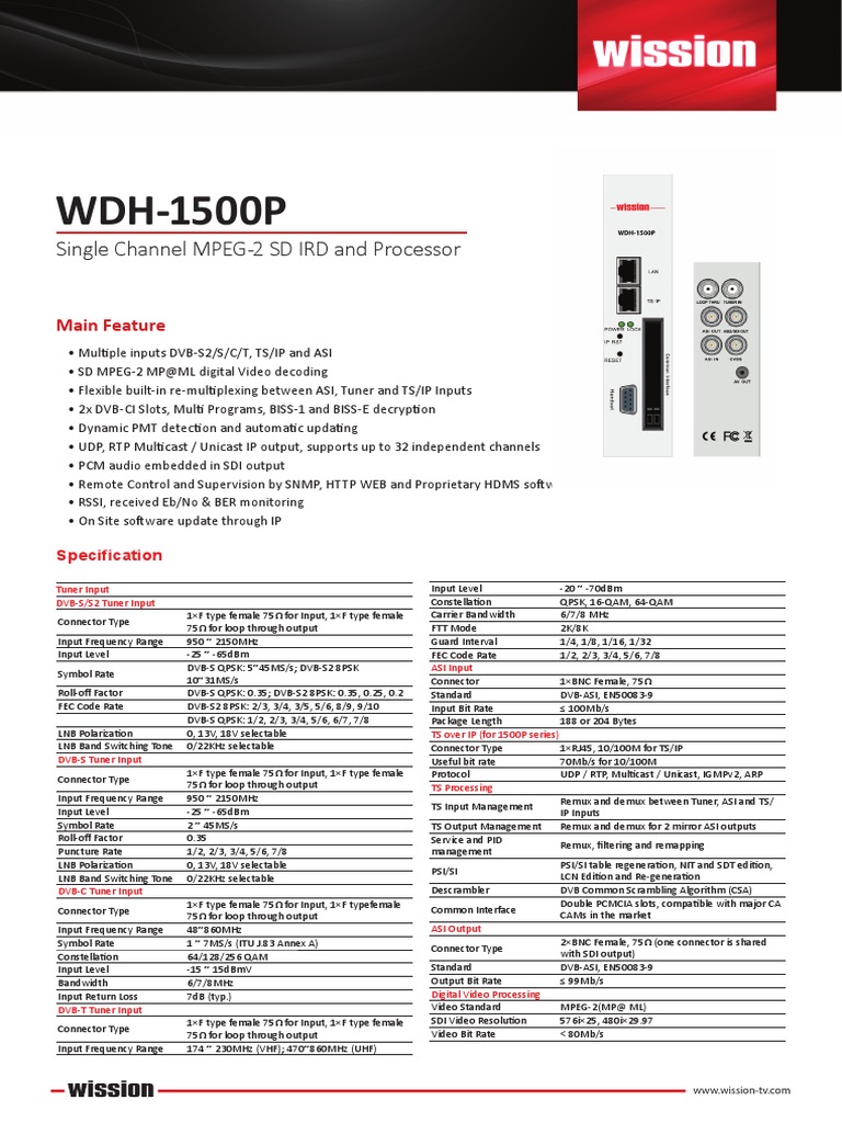 WDH-1500P: Single Channel MPEG-2 SD IRD and Processor | PDF | Video ...
