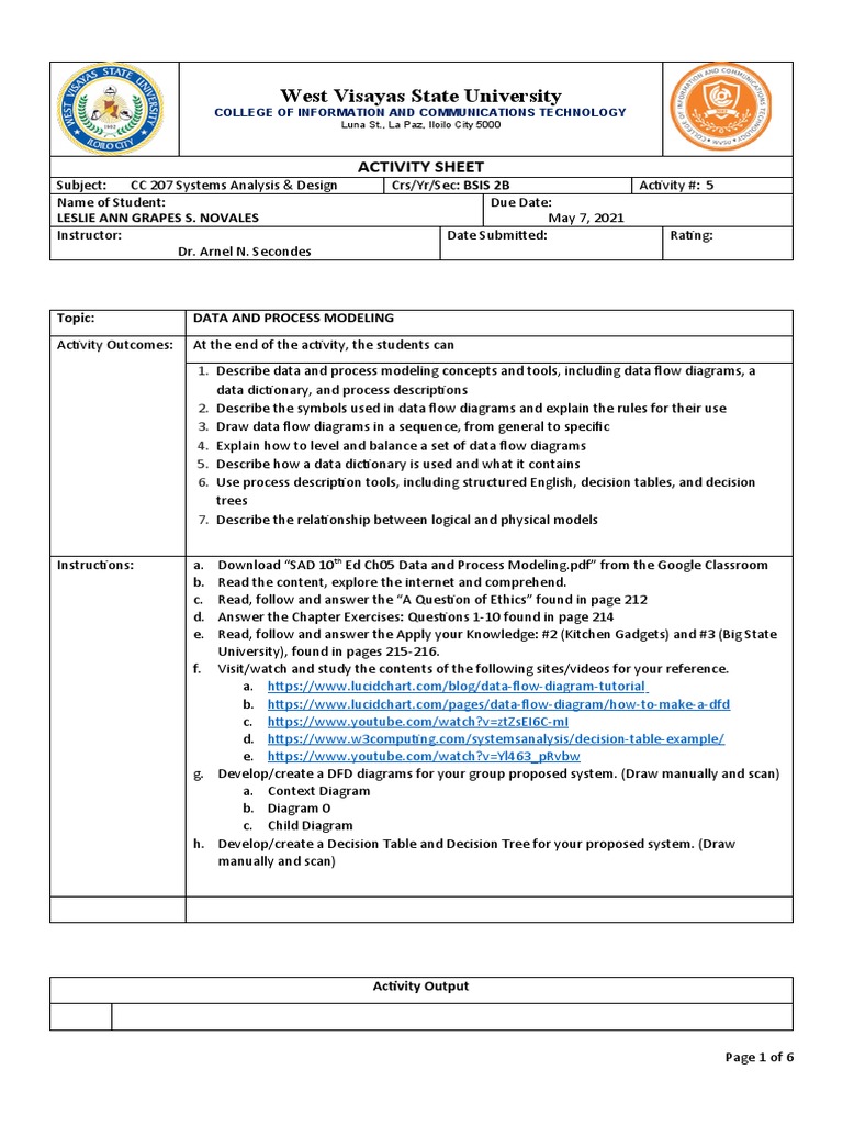 SAD Activity Sheet 5 Data and Process Modeling | PDF | Computing | Computing And Information ...