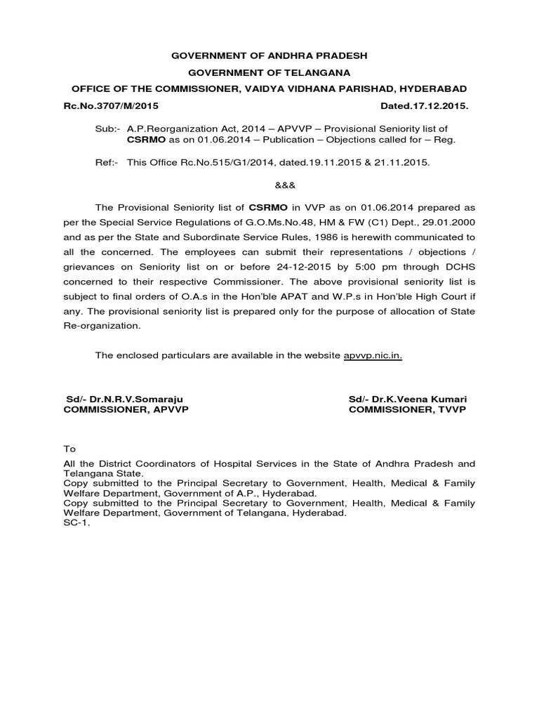 APVVP Provisional Seniority List 2015 | PDF