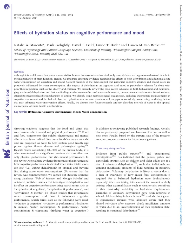 Effects of Hydration Status On Cognitive Performance and Mood | PDF ...