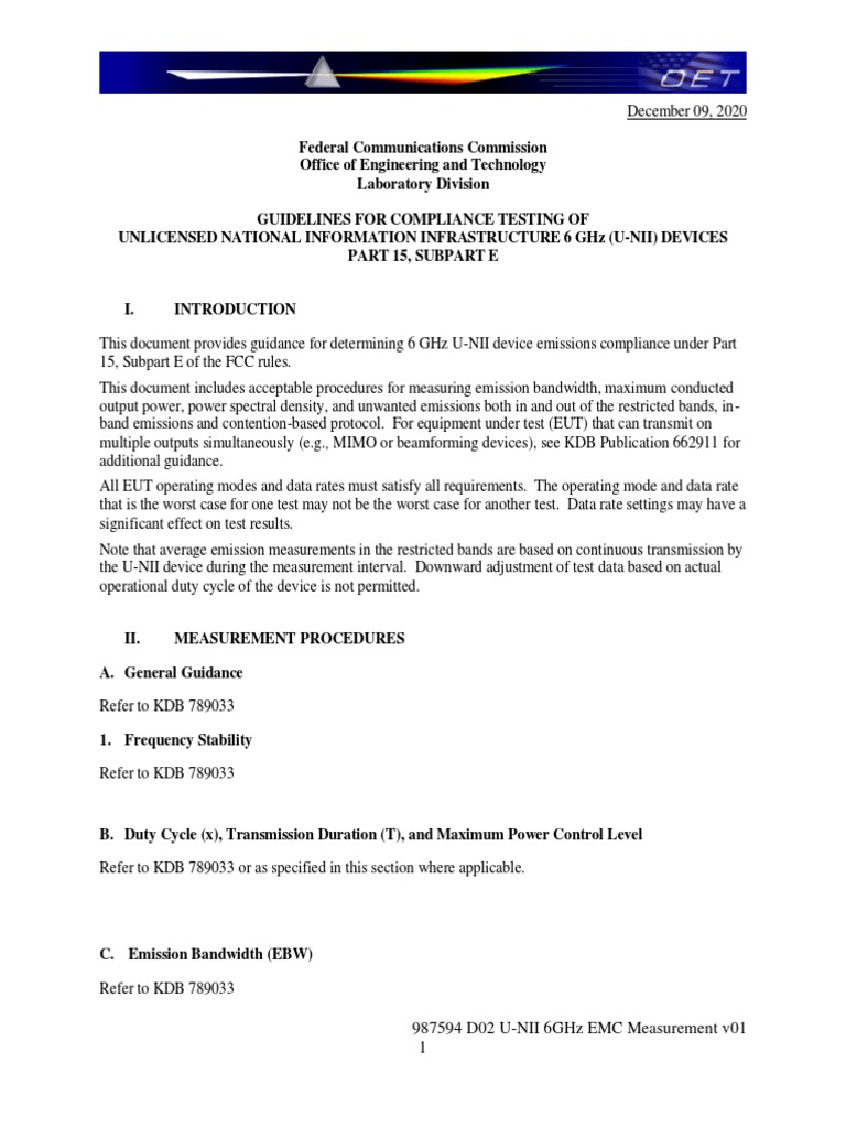 FCC - KDB 987594 D02 U-NII 6 GHZ EMC Measurement v01 | PDF | Antenna (Radio) | Bandwidth (Signal ...