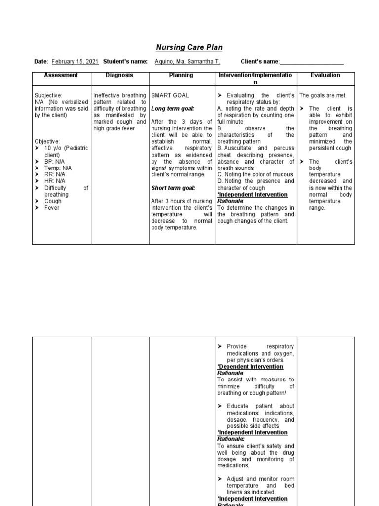 Pediatric Nursing Care Plan for Respiration | PDF | Breathing | Cough