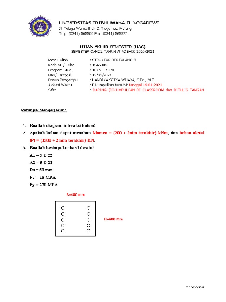 3.template Soal UTS UAS GANJIL 20192020 - STR BETON BERTULANG 2 - Part 2 | PDF