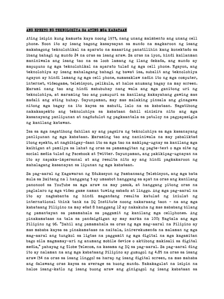 Ang Epekto NG Teknolohiya Sa Ating Mga Kabataan | PDF