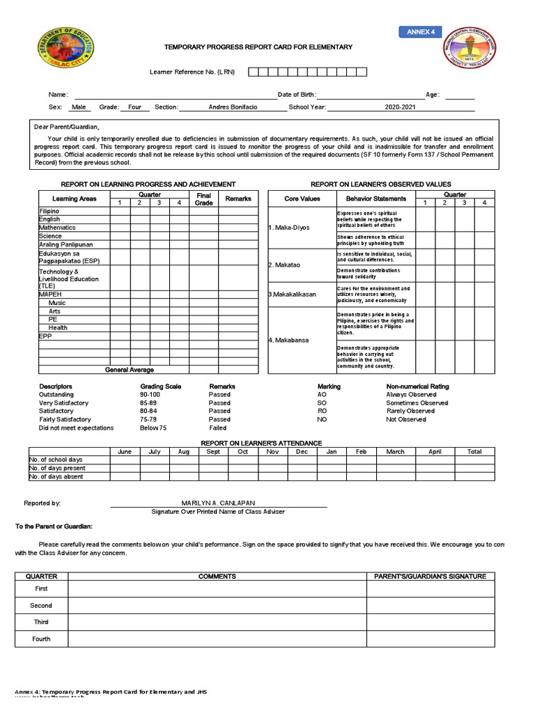 Temporary Progress Report Card Template | PDF | Learning | Human Nature