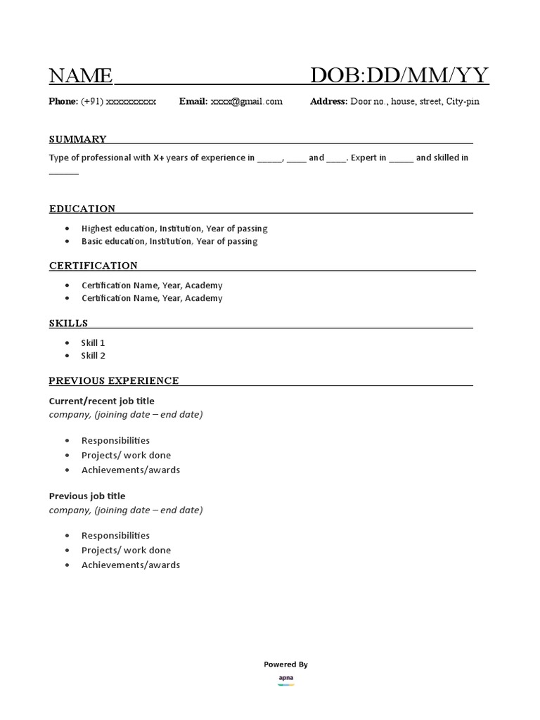 Resume Format with DOB Included | PDF