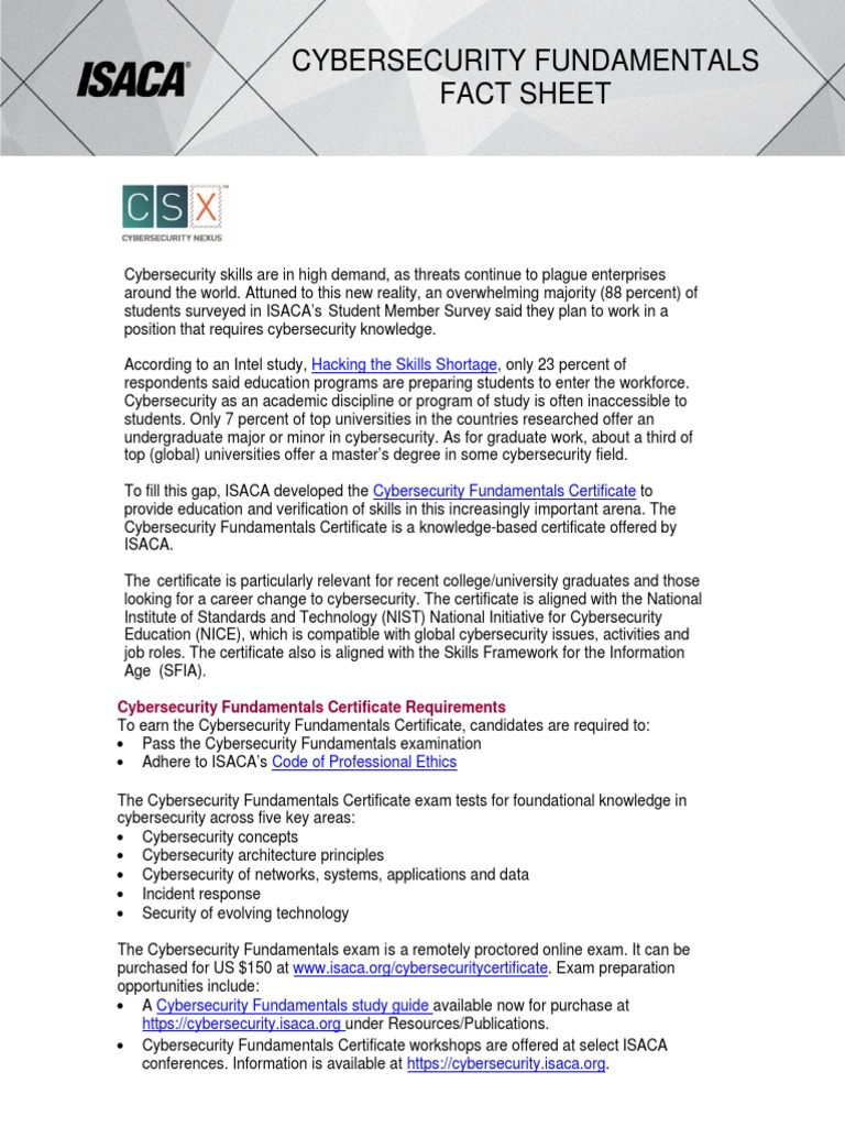 Cybersecurity Fundamentals Certificate Fact Sheet - 0318 | PDF ...