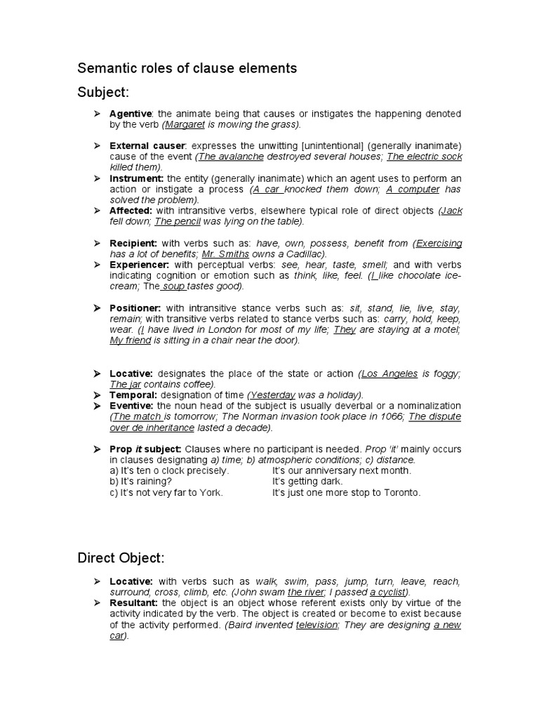 Semantic Roles of Clause Elements | PDF | Verb | Clause