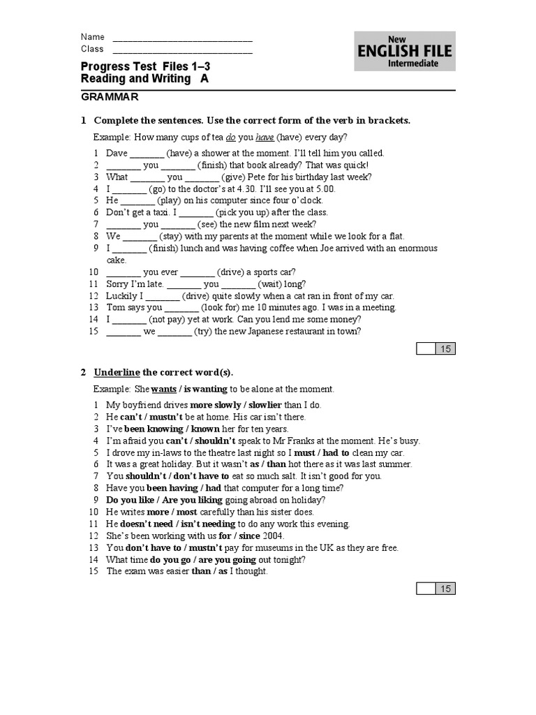 Progress Test Files 1-3 Reading and Writing A | PDF | Dolphin | Grandparent
