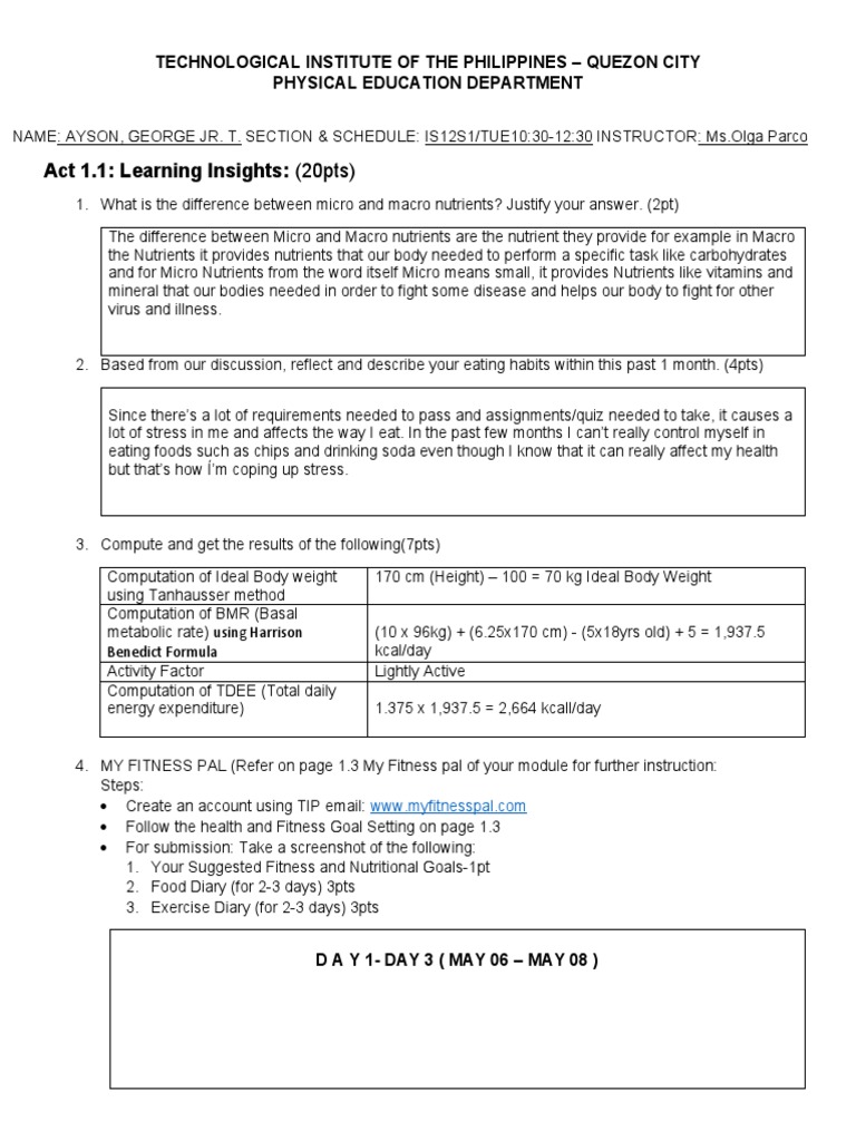 PE 2 PATHFit Journal Week 1 4 | PDF | Nutrients | Eating Behaviors Of ...