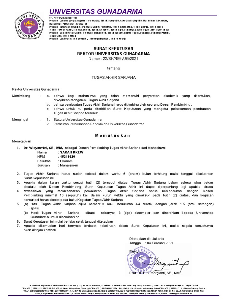 Surat Keputusan Rektor Universitas Gunadarma | PDF