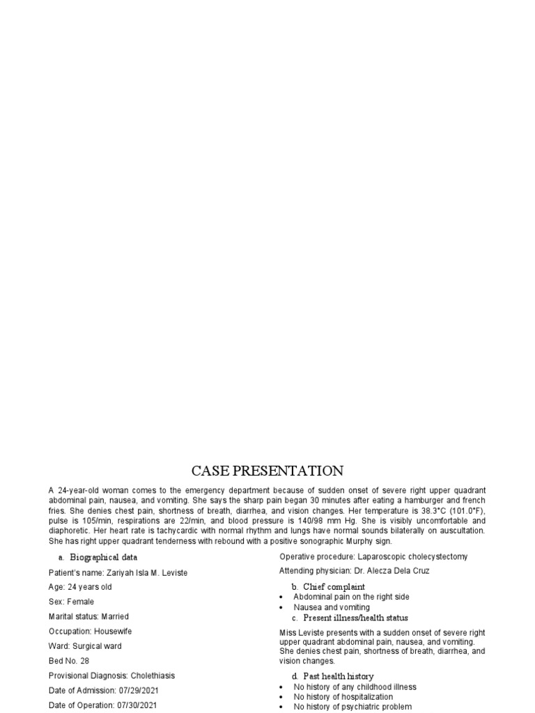 Cholecystitis Case Study | PDF | Gallbladder | Medical Specialties