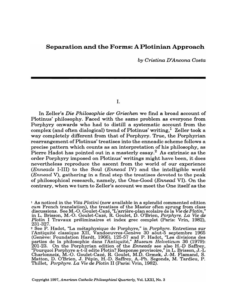 D'Ancona Costa Separation and The Forms: A Plotinian Approach | PDF ...