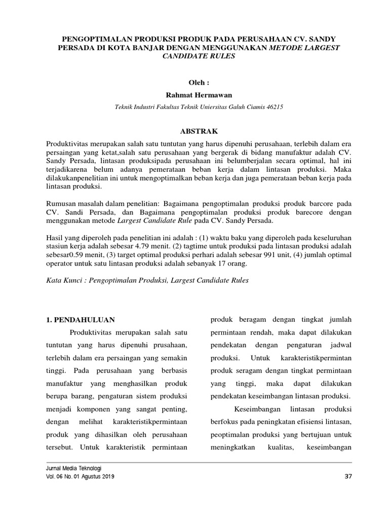 Pengoptimalan Produksi Produk Pada Perusahaan Cv. Sandy Persada Di Kota ...