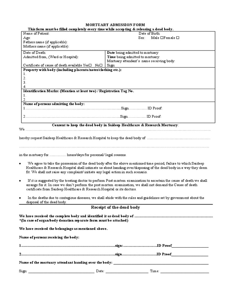Mortuary Admission Form | PDF | Death | Medicine