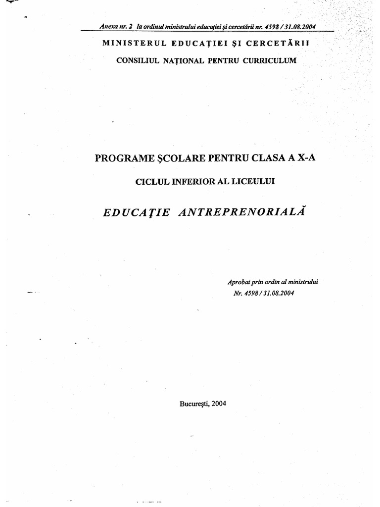 Programa Scolara Educatie Antreprenoriala | PDF