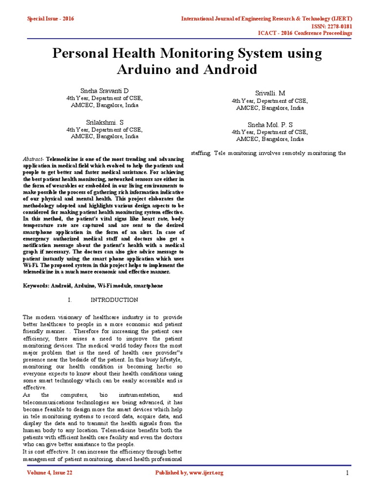 Personal Health Monitoring System Using Arduino and Android: Sneha Sravanti D Srivalli. M | PDF ...