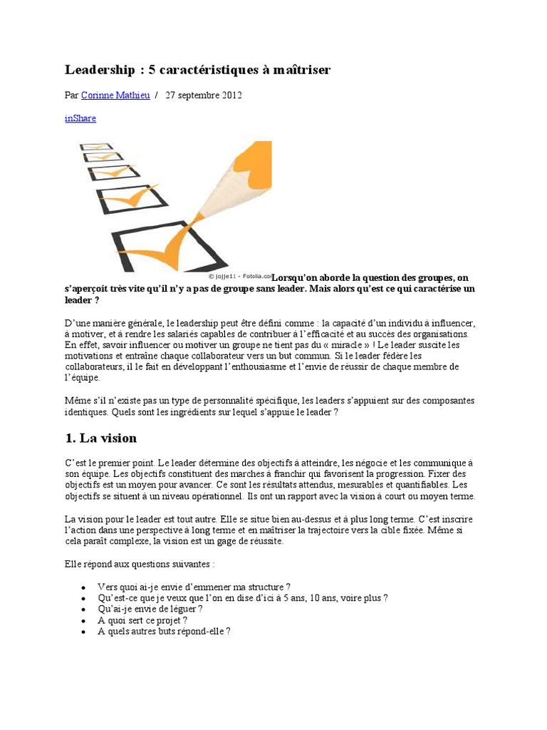 Leadership Maitriser 5 Caractéristiques | PDF | Direction | Sociétés