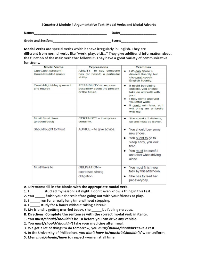 Argumentative Texts: Modals Explained | PDF | Verb | Adverb