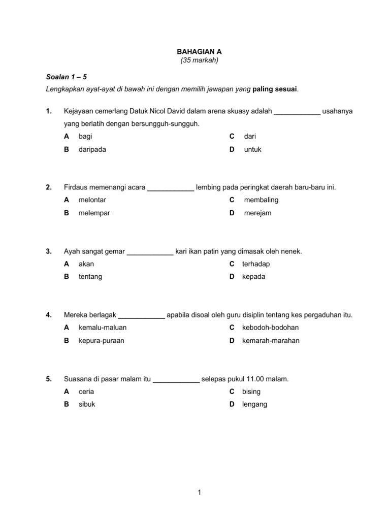 Peperiksaan Pertengahan Tahun Bahasa Melayu Kertas 1 Tingkatan 1 | PDF