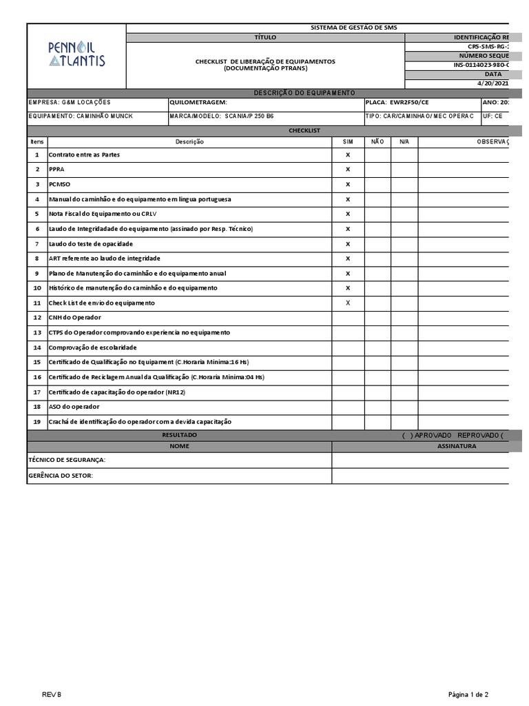 CR5-SMS-RG-125 - Checklist Liberação de Equipamentos (Documentação ...