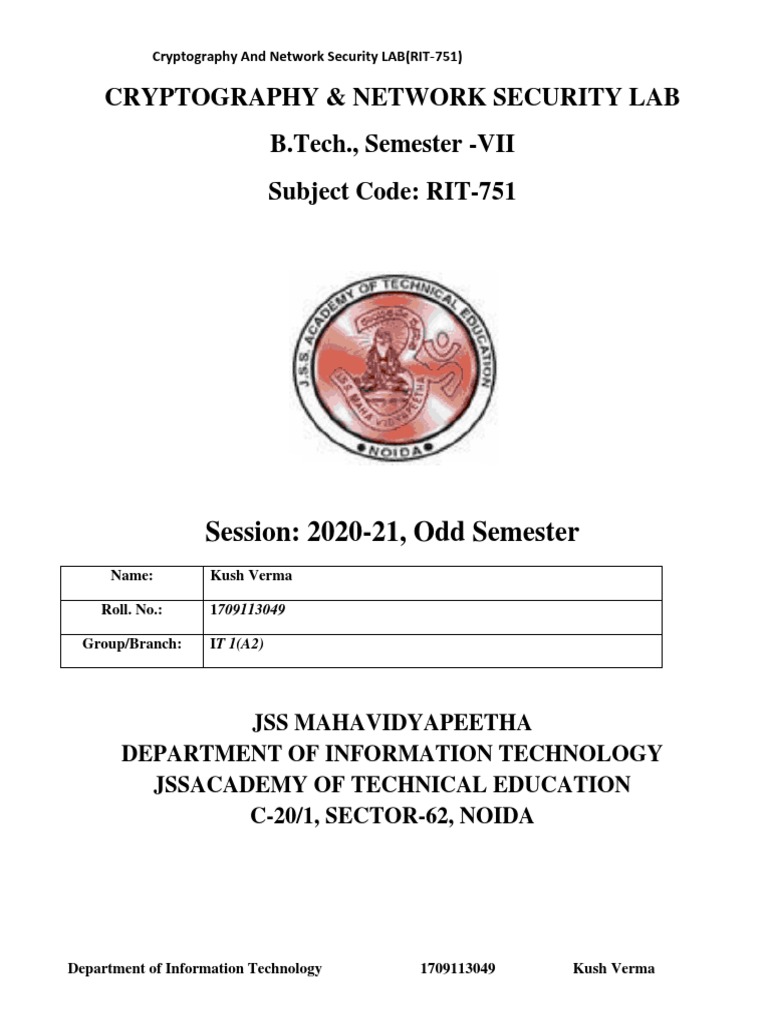 Cryptography And Network Security Lab B Tech Semester Vii Subject Code Rit 751 Pdf Public