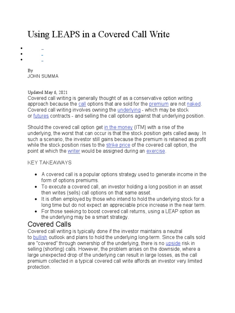 Using LEAPS in A Covered Call Write | PDF | Option (Finance) | Greeks ...