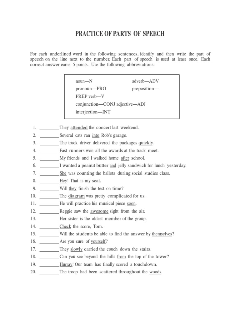 Parts of Speech Practice Worksheet | PDF | Part Of Speech | Adverb
