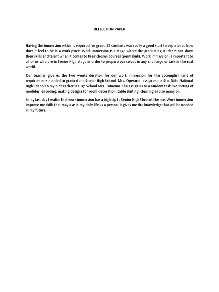 Work Immersion Reflection Paper by Angelo Jatulan | PDF
