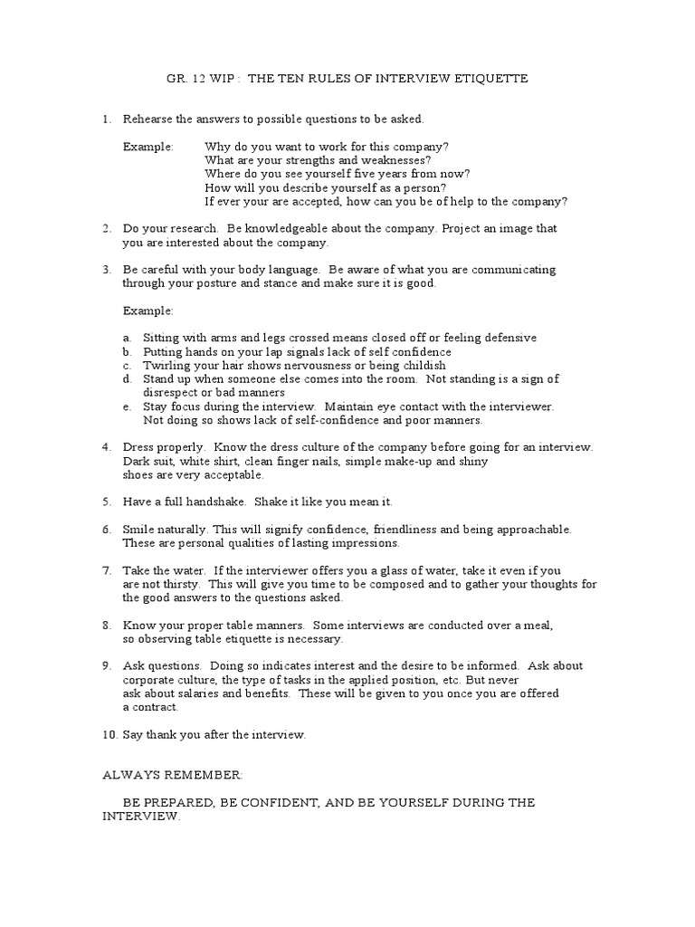 The Ten Rules of Interview Etiquette | PDF | Career & Growth