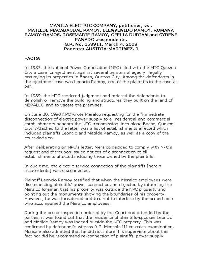 MERALCO vs. RAMOY | PDF | Negligence | Public Law