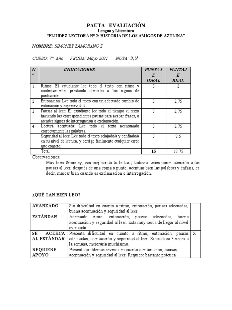 Evaluación de Fluidez Lectora 7° Año | PDF | Artes del Lenguaje y ...