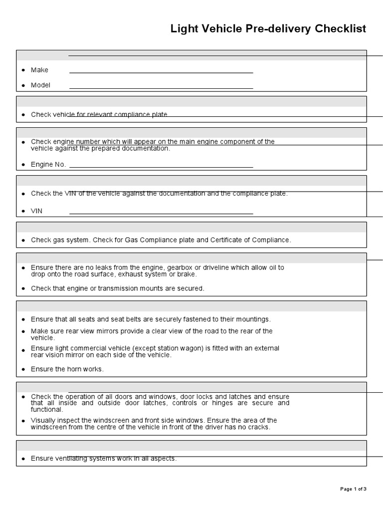 Light Vehicle Pre-Delivery Checklist: Inspected Corrected | PDF ...